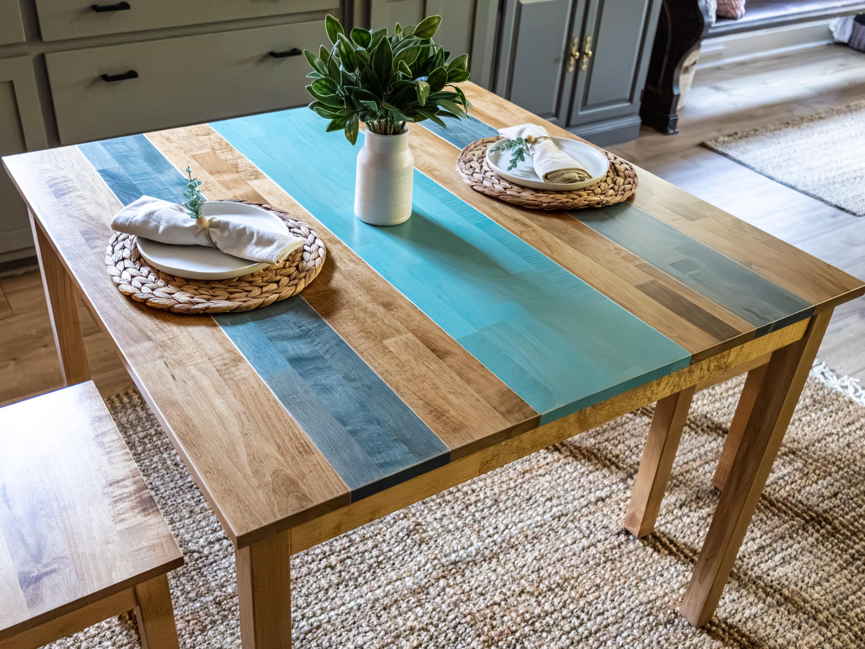 Solid Maple Farmhouse Dining Table Set: "the Bella" With Blues, Colorful Hardwood Kitchen Table ...