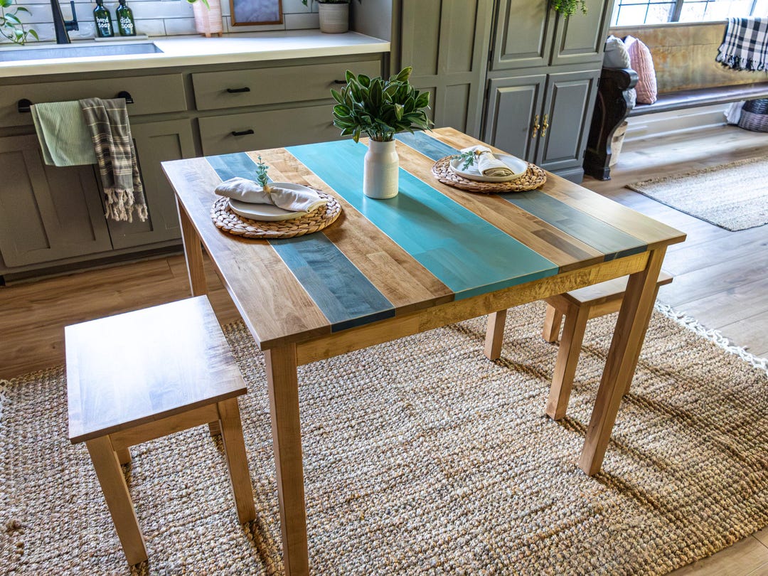 Solid Maple Farmhouse Dining Table Set: "the Bella" With Blues, Colorful Hardwood Kitchen Table ...