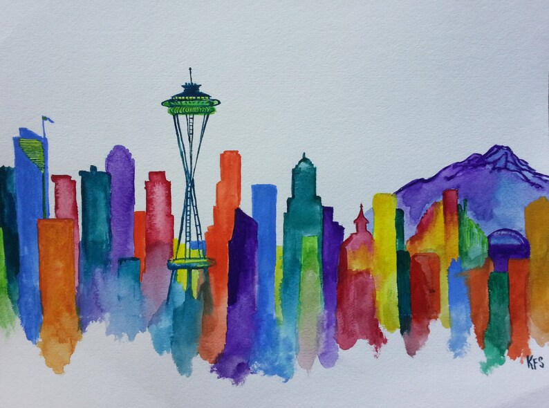 Watercolor Painting Print Seattle Skyline with Space Needle | Etsy