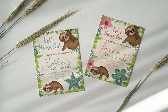 Personalised Sloth Birthday Invitations Matching Stickers Also | Etsy