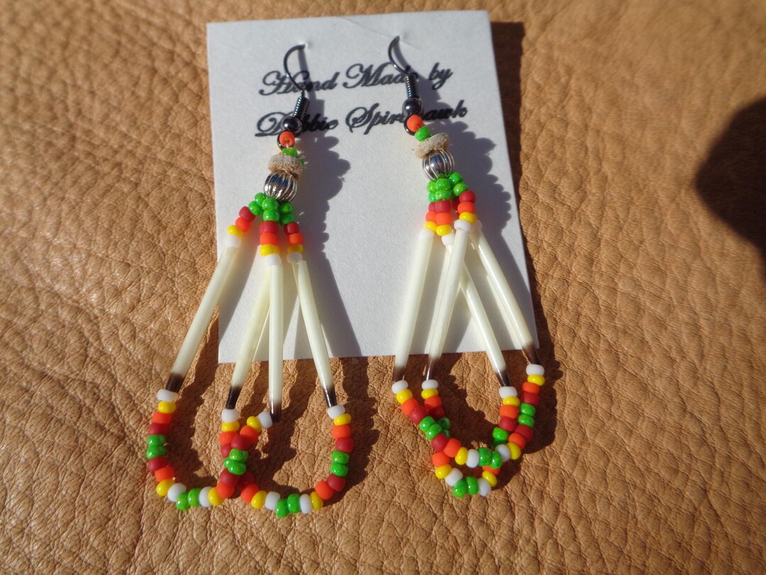 Handmade 2" Southwestern Porcupine Quill Beaded Earrings Lime Green ...