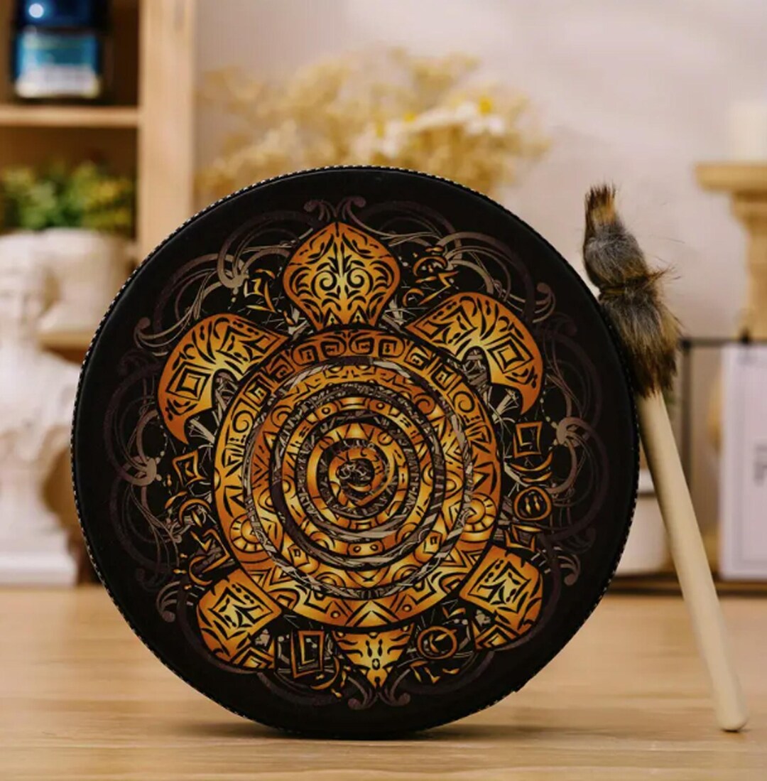 9.8" Handcrafted Turtle Shamanic Drum With Drumstick - Authentic Ritual ...
