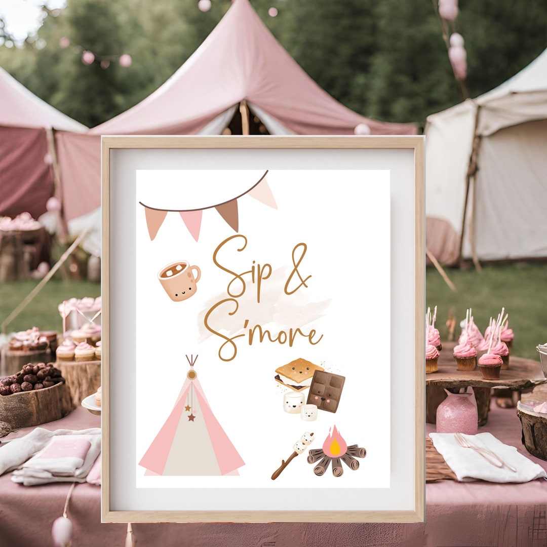 Boho Pink Camping Sip & S'more Sign - Rustic Party Decor - Pink ...