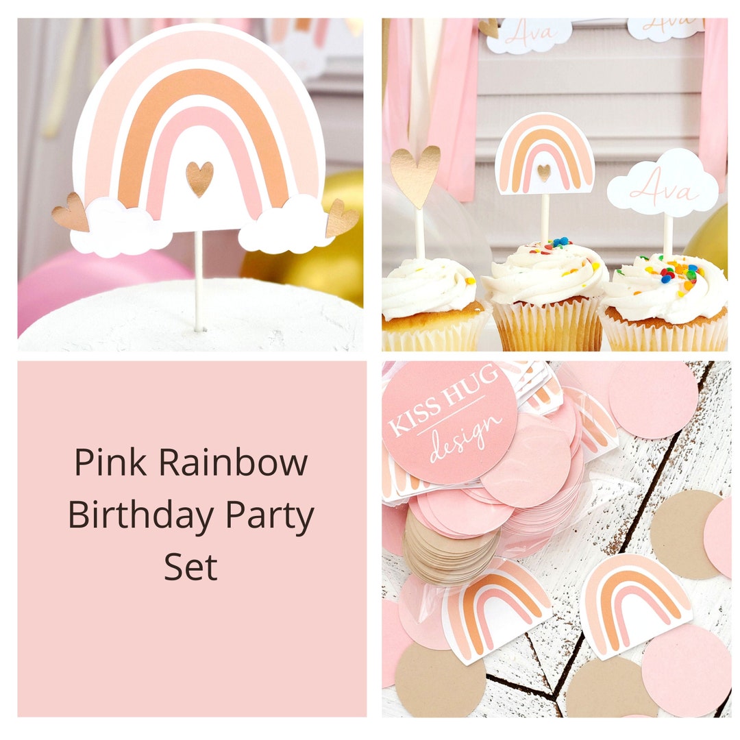Pink Boho Rainbow Party Set | Personalized Pink Rainbow Cupcake Toppers ...
