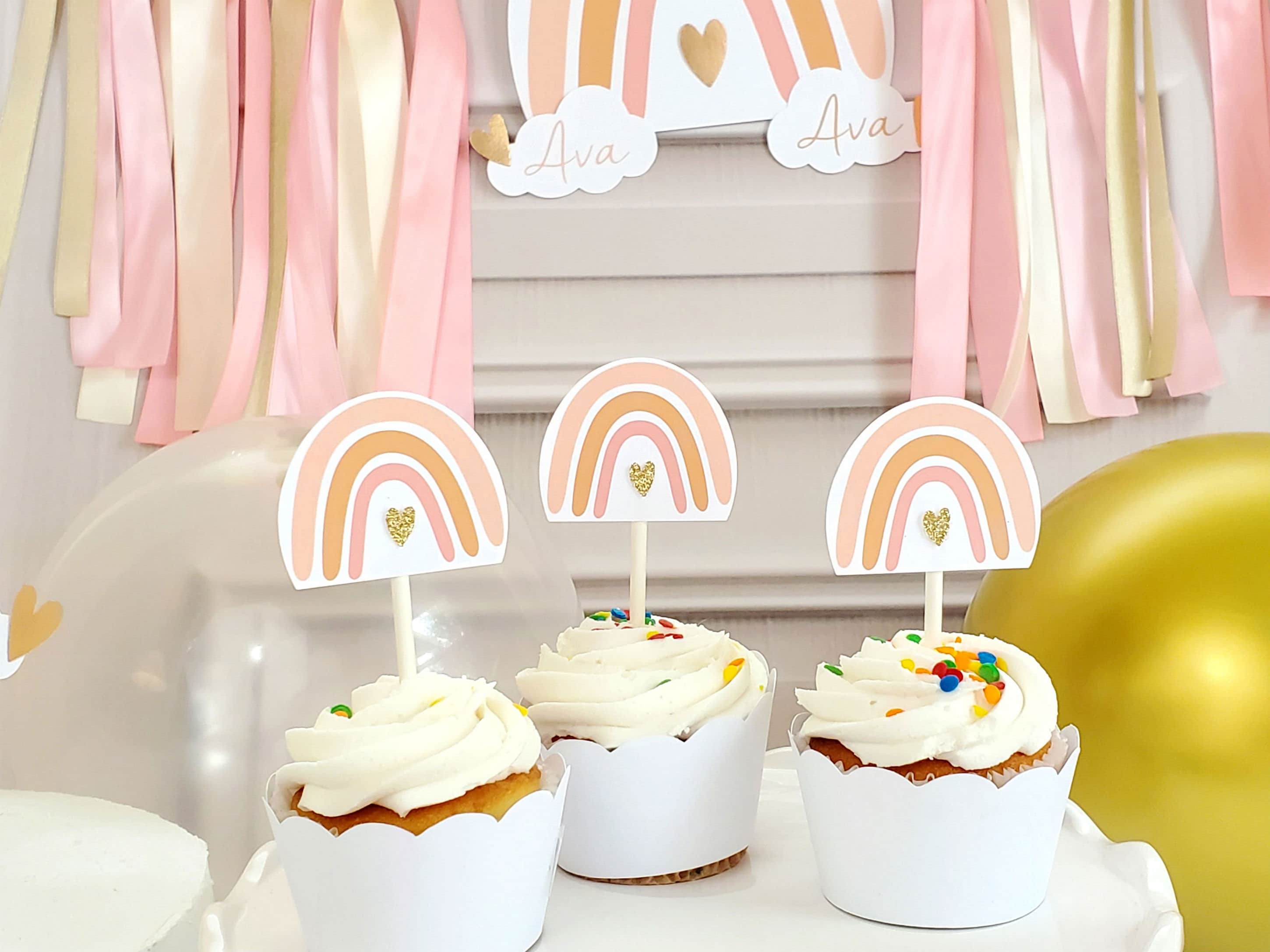 Glitter Heart Pink Rainbow Cupcake Toppers | Boho Rainbow Party ...
