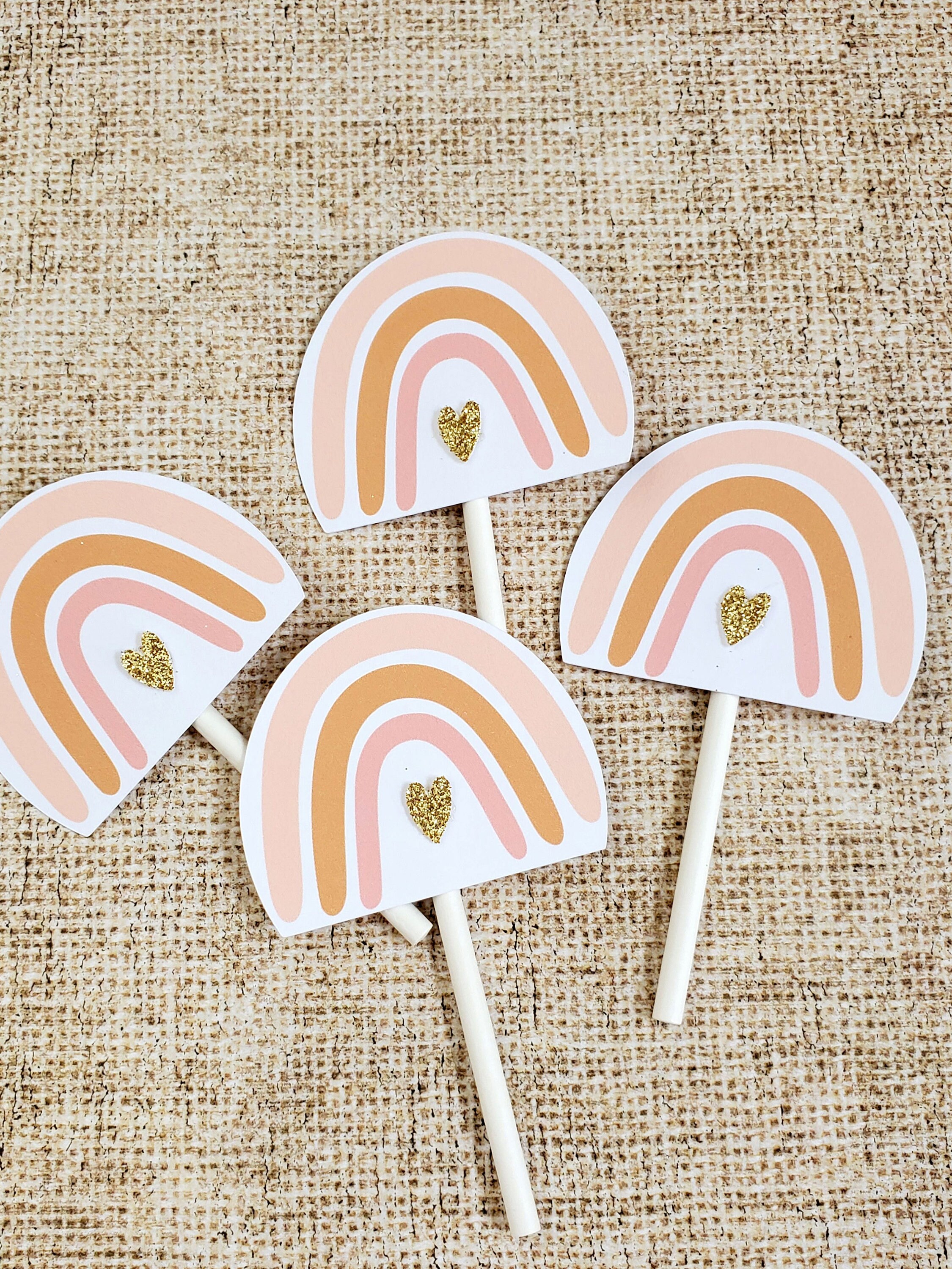 Glitter Heart Pink Rainbow Cupcake Toppers | Boho Rainbow Party ...