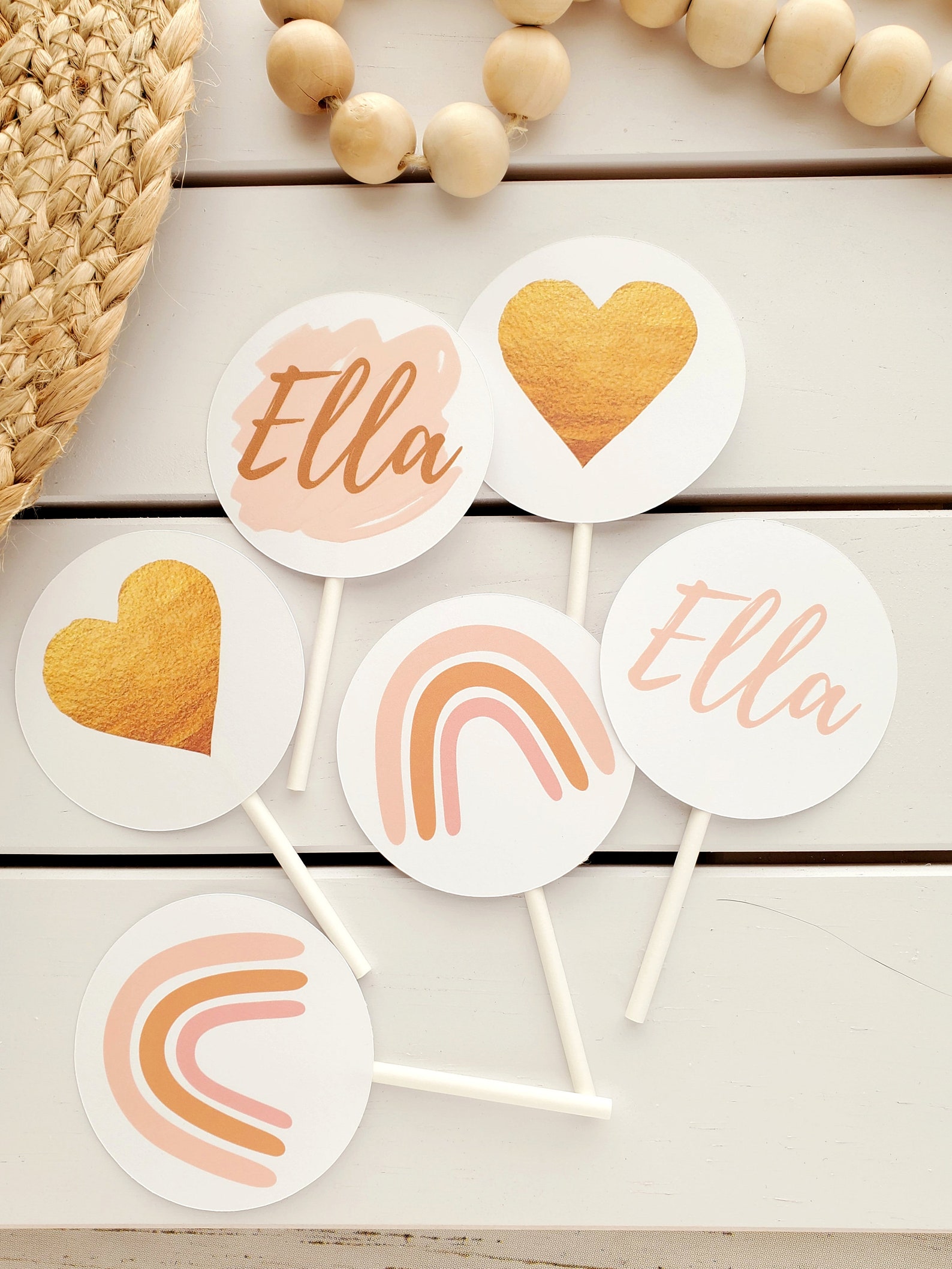 Personalized Boho Pink Rainbow Cupcake Toppers | Boho Rainbow Party ...
