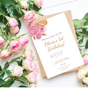 Editable Pink & Gold 1st Birthday Invite and Thank You Card Set | Canva ...