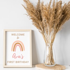 Editable Personalized 1st Birthday Boho Pink Rainbow Welcome Sign 8 X ...