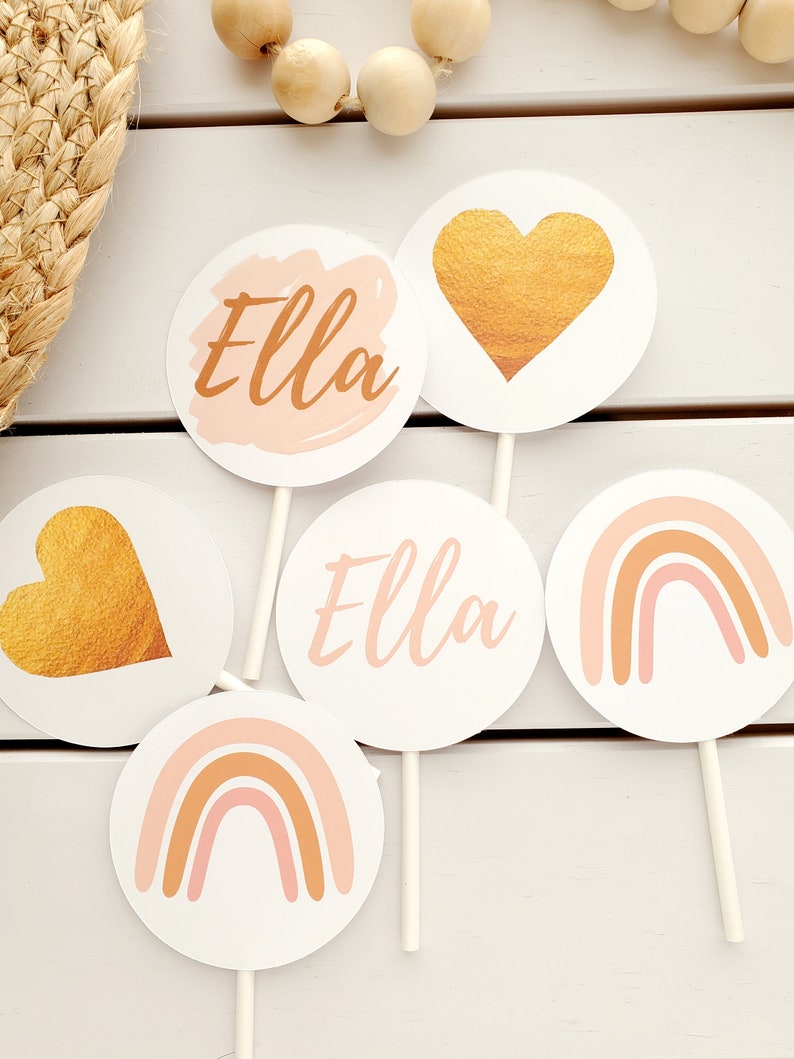 Personalized Boho Pink Rainbow Cupcake Toppers | Boho Rainbow Party ...