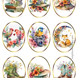 Digital Collage Sheet Cute Pastel Images Oval 30x40 Mm Fox Hat Birds for Jewelry Scrapbooking ...