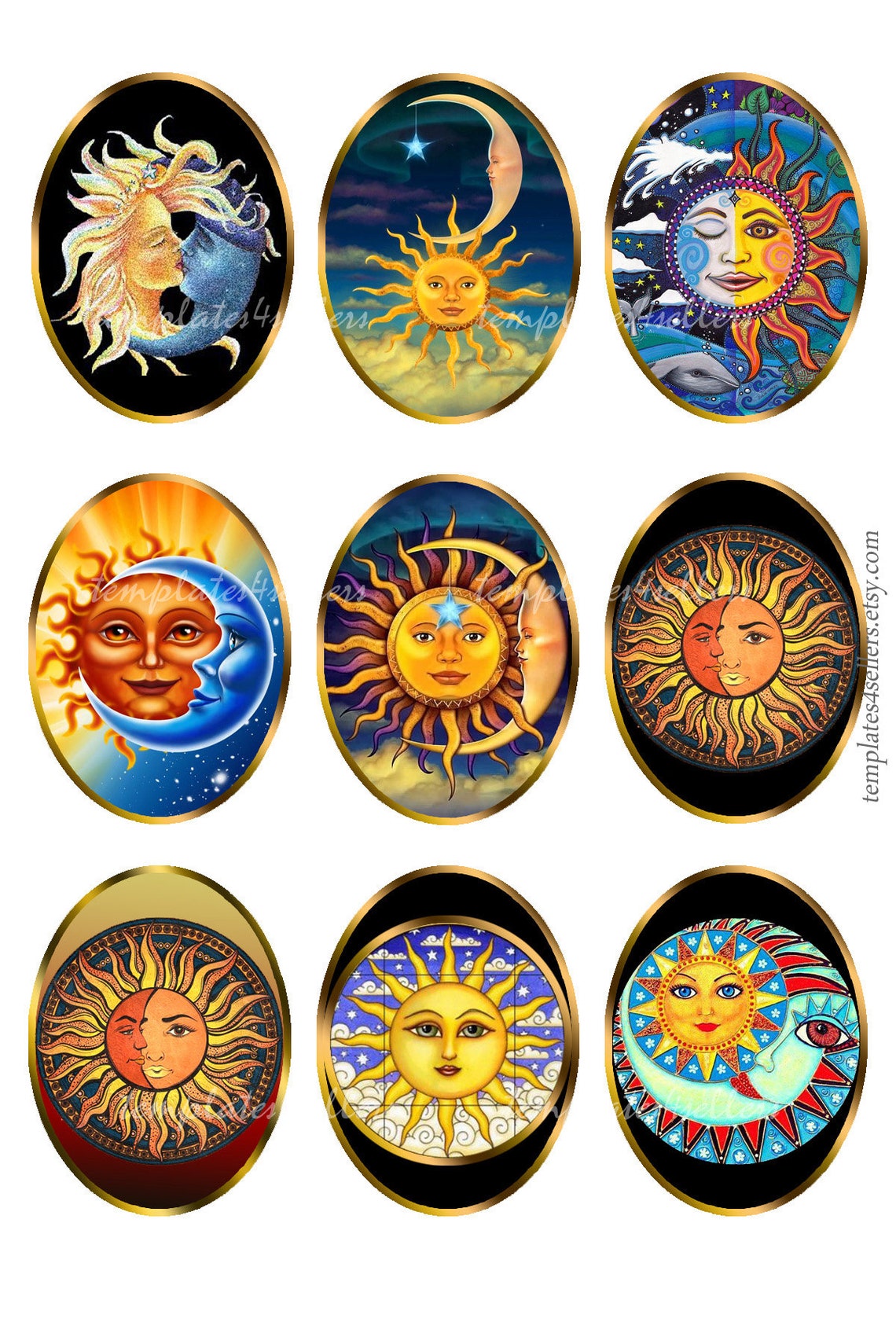 Digital Collage Sheet Sun and Moon Oval 30x40mm Mages Jewelry - Etsy