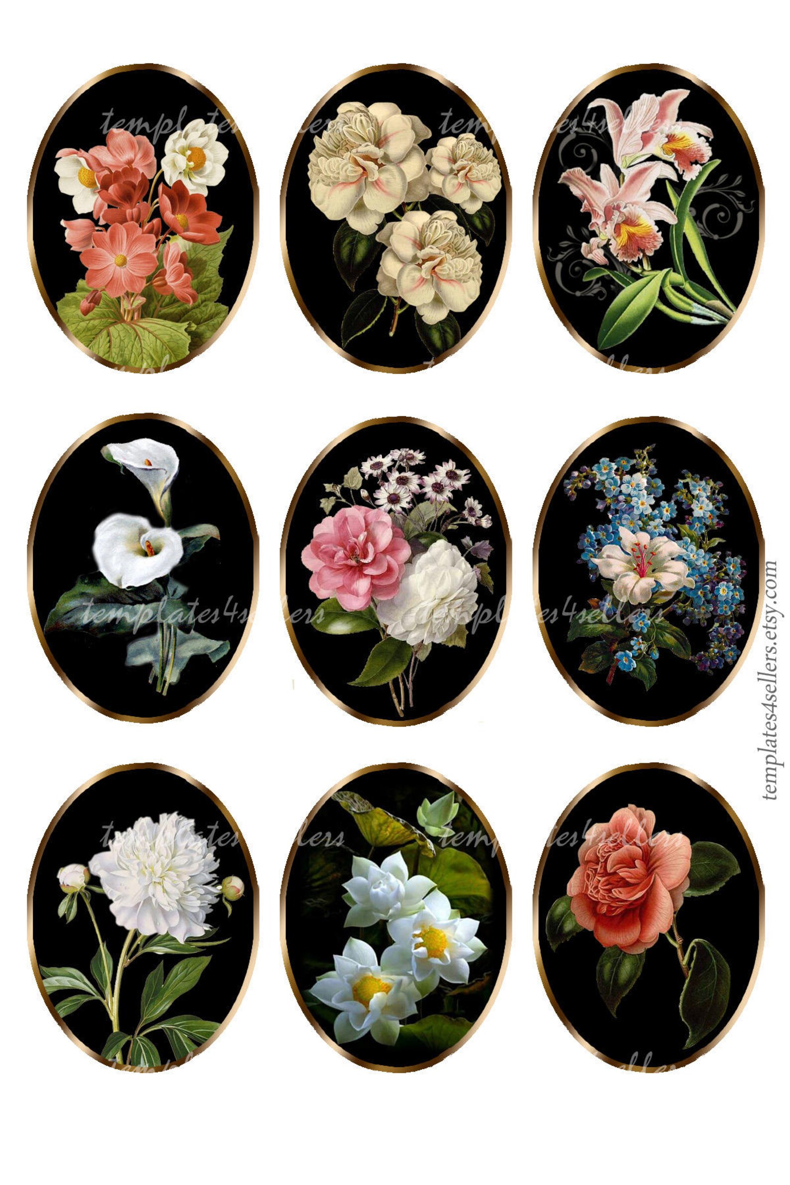 Digital Collage Sheet Vintage Flowers on Black Background - Etsy