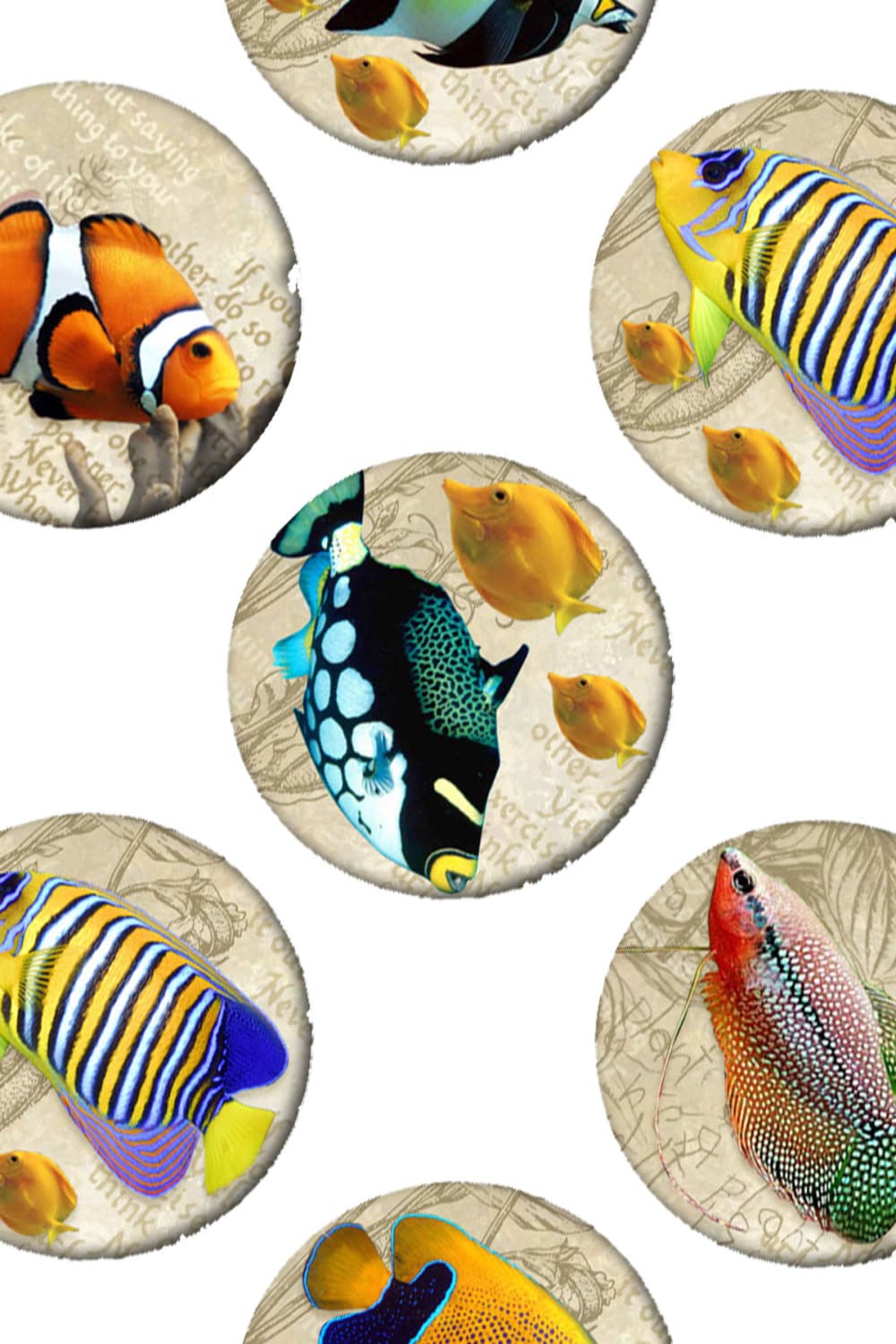 Digital Collage Sheet Sea Fish 1 inch round images Original | Etsy