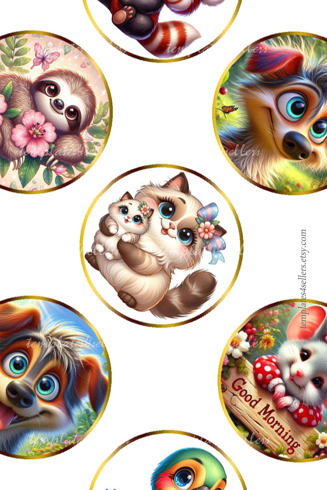 Digital Collage Sheet Cute Baby Animals Fox Tortilla Cow Bird Ping Cat ...