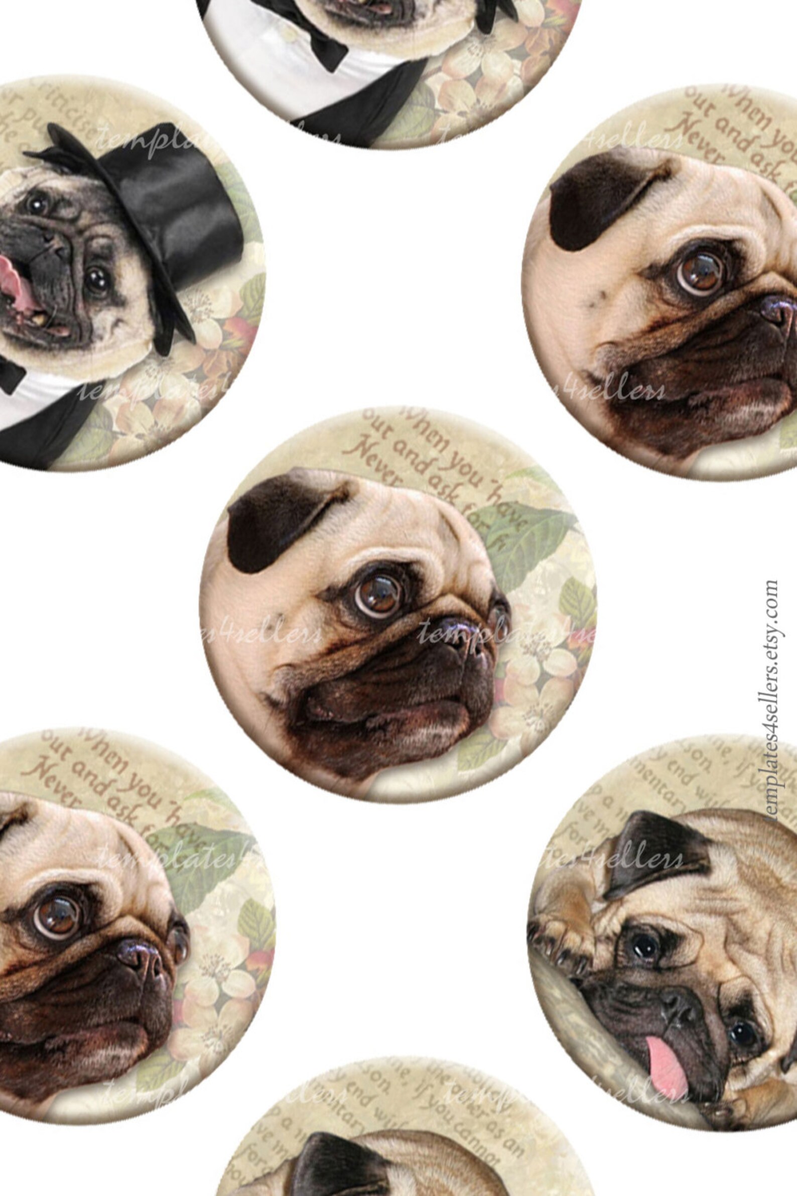 Digital Collage Sheet Pug 1 Inch Round Original Printable - Etsy