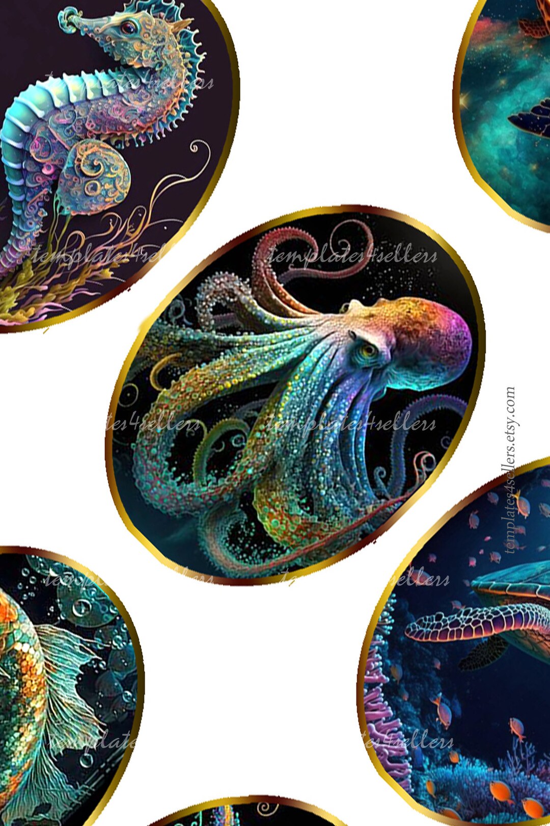 Digital Collage Sheet Octopus Fish Sea Turtle Seahorse 30x40 Mm Oval ...