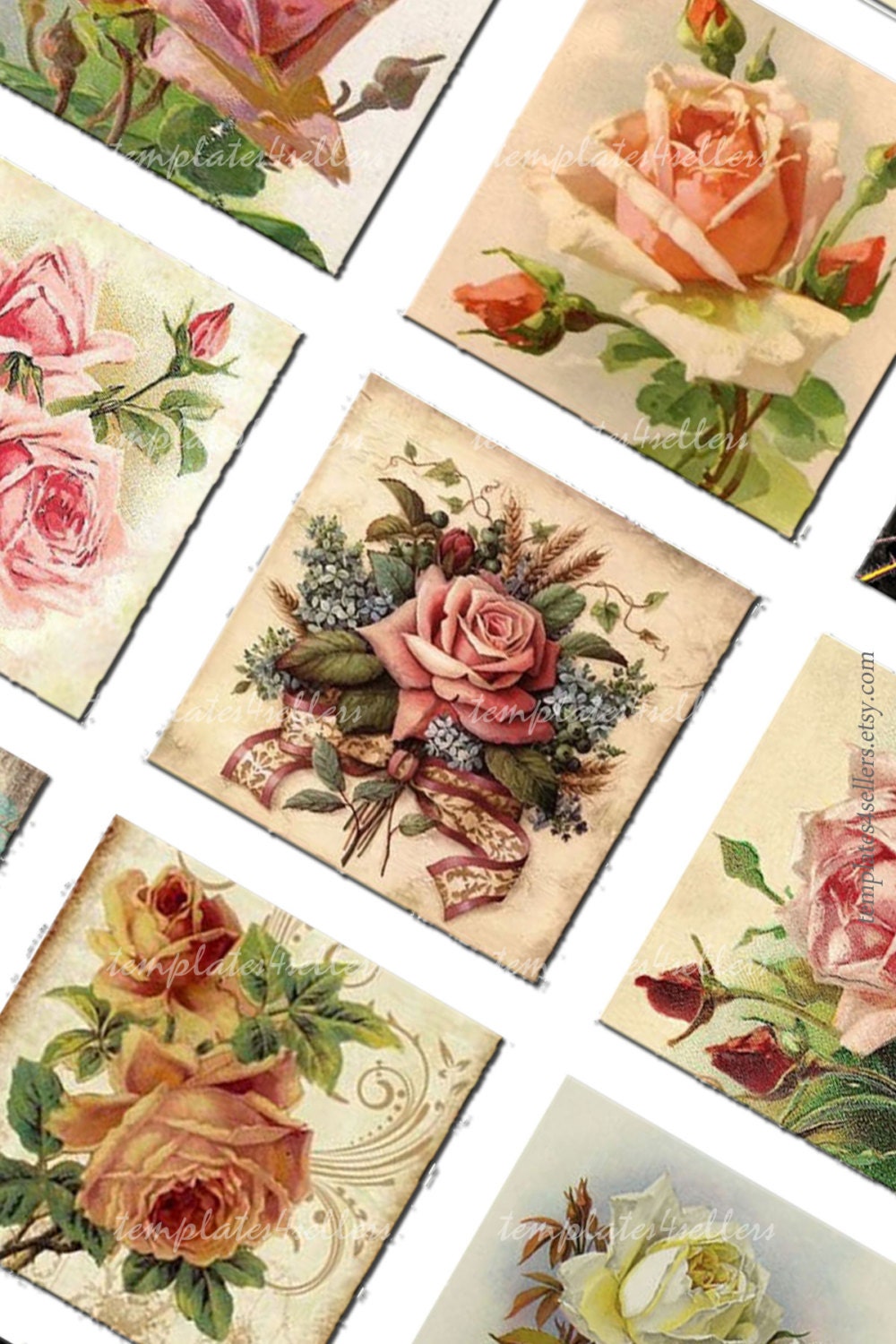 Digital Collage Sheet Vintage Roses 1 Inch Square Images - Etsy