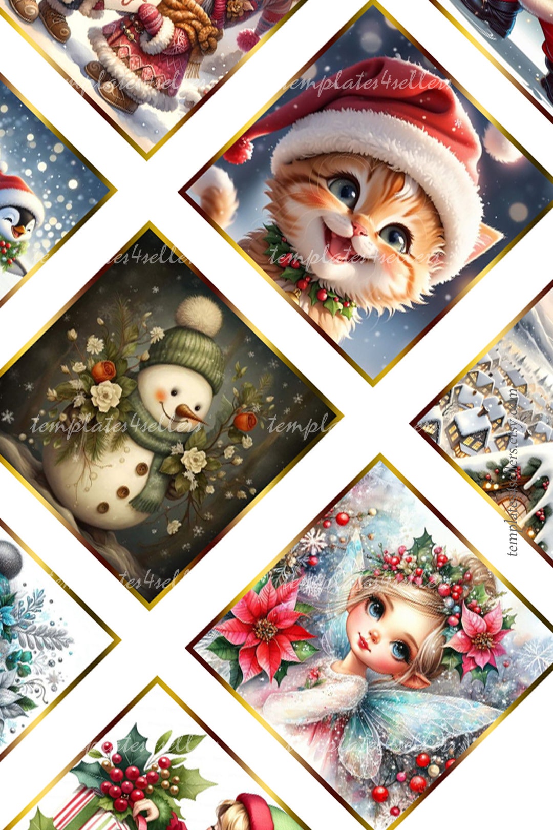 Digital Collage Sheet Snowman Kitty Elf Penguin Fox Christmas New Year ...