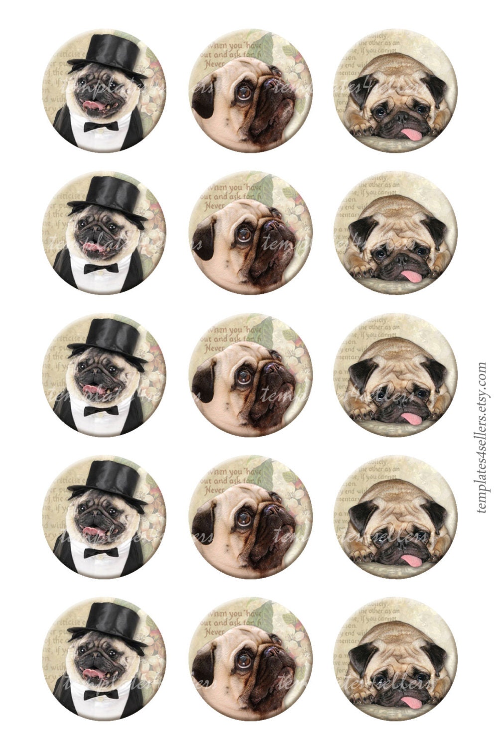 Digital Collage Sheet Pug 1 Inch Round Original Printable - Etsy