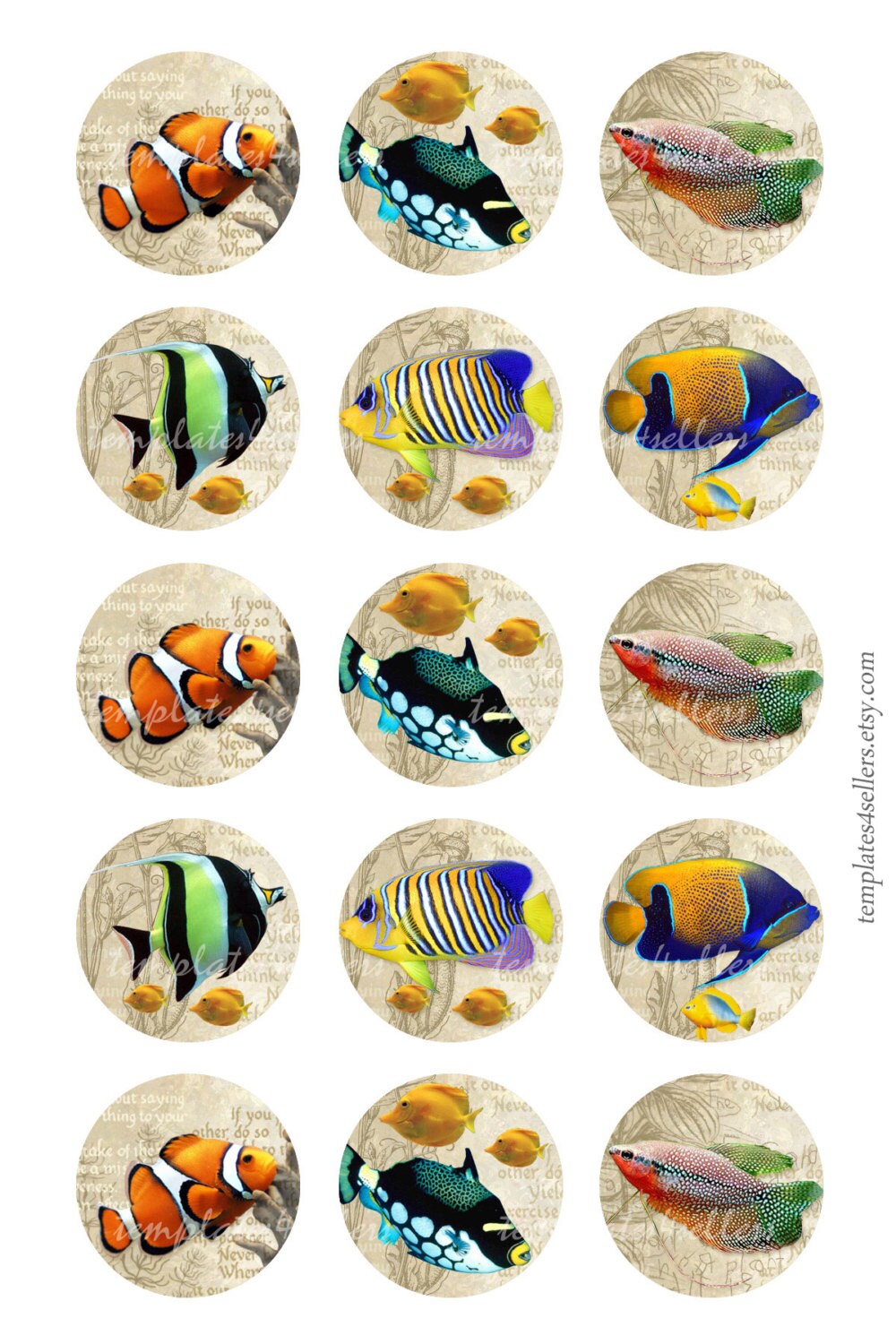 Digital Collage Sheet Sea Fish 1 inch round images Original | Etsy