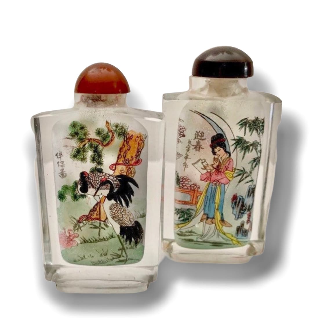 Vintage Chinese Hand Painted and Signed Glass Snuff Bottles(2 Lot) Lady ...