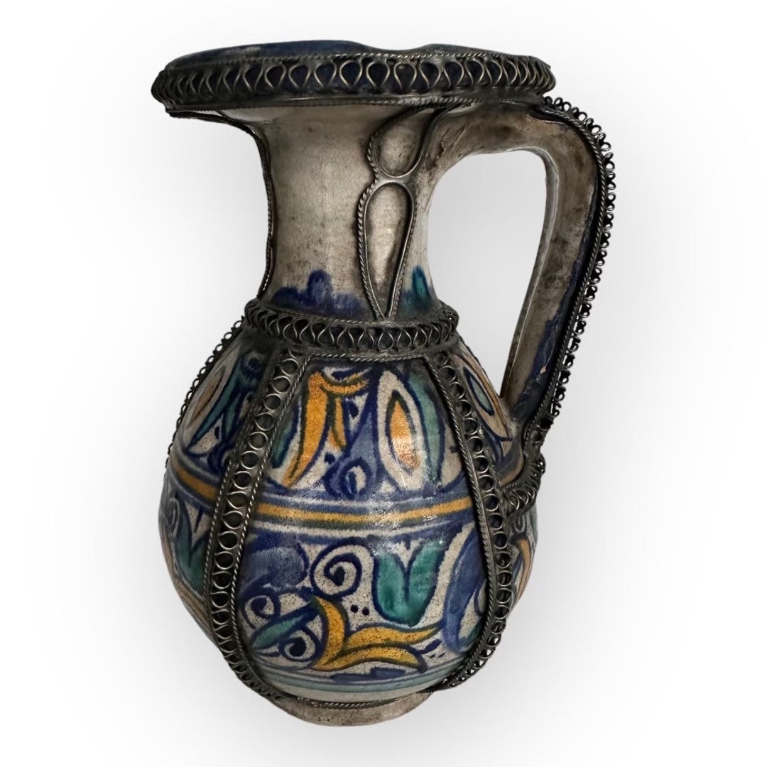 Vintage Moroccan Hand Made 8” Inch Ceramic Handled Pitcher With Silver ...