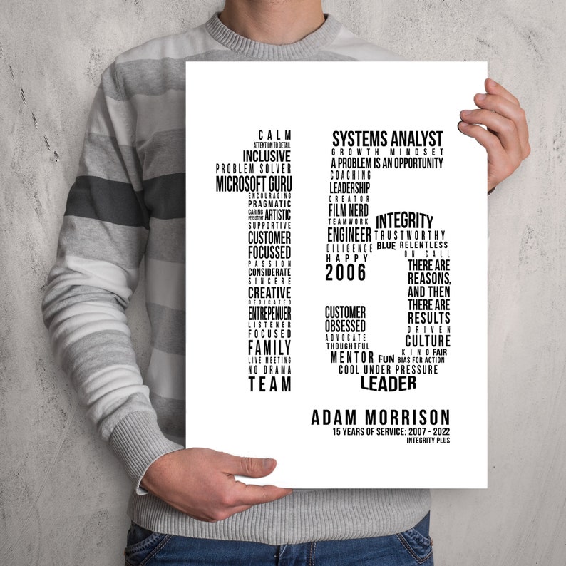 15 Year Work Anniversary Gift, Personalized Word Cloud Art Print - Etsy