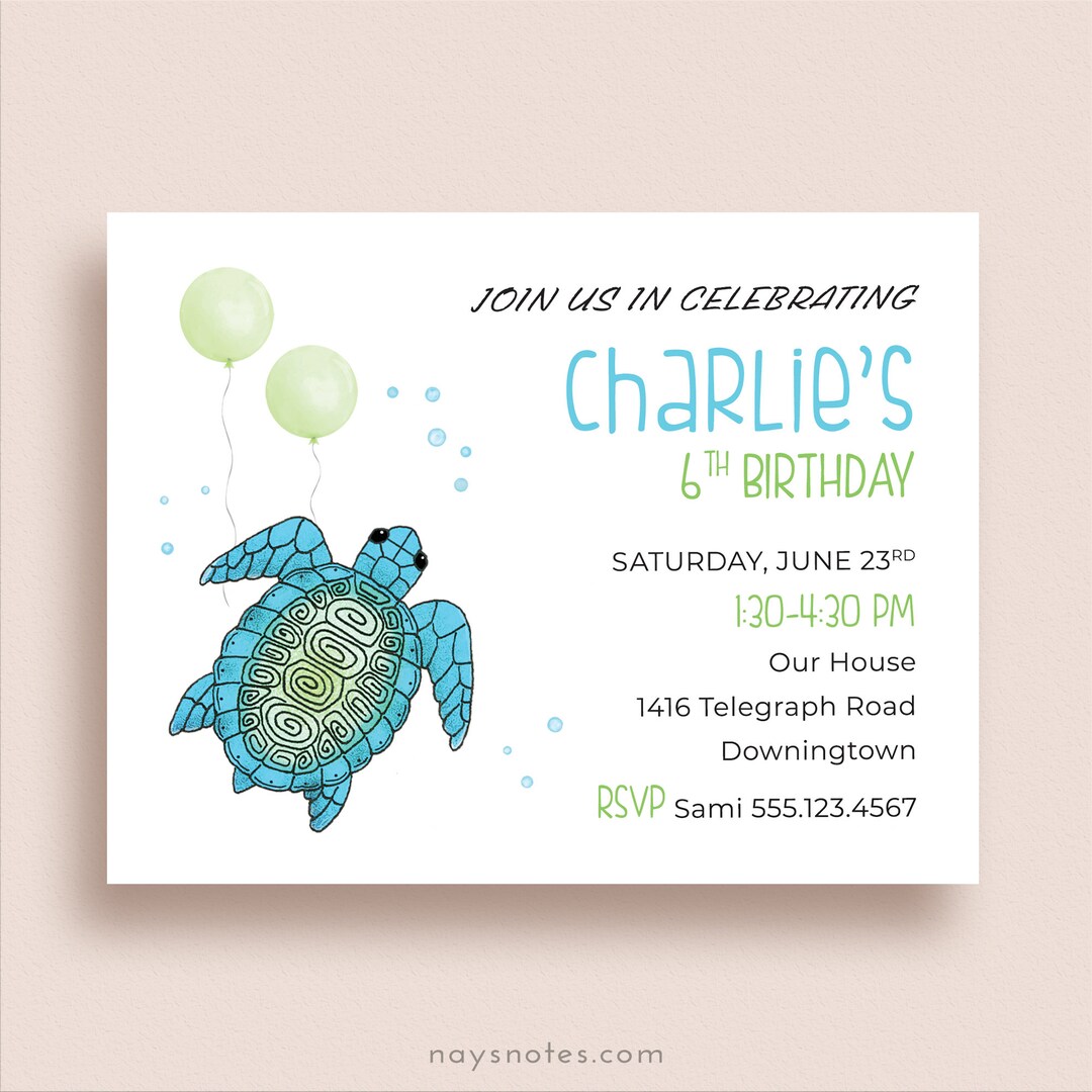 Sea Turtle Birthday Party Invitations Sea Turtle Birthday Party Beach ...