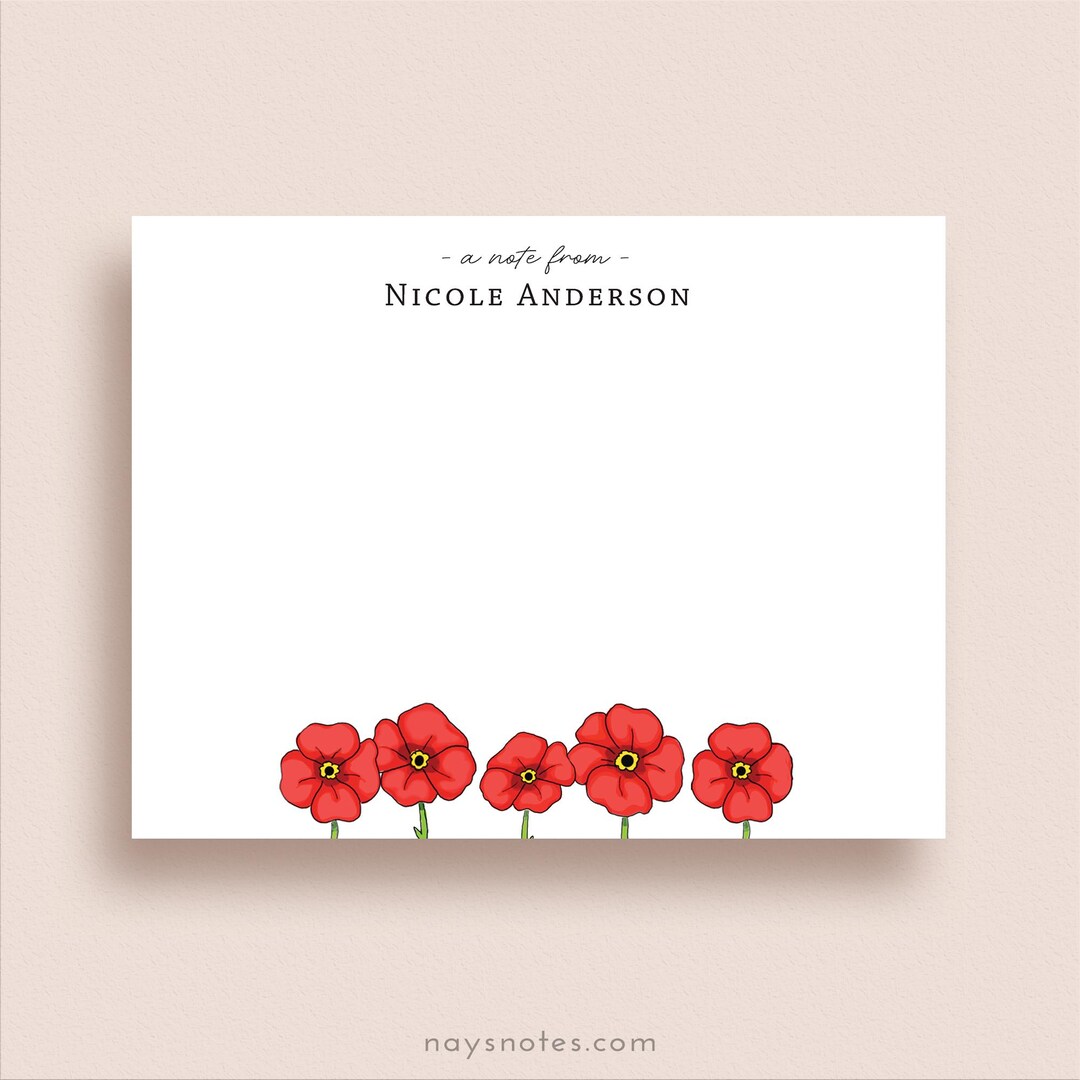 Poppy Note Cards - Flat Note Card Set - Personalized Poppy Stationery ...
