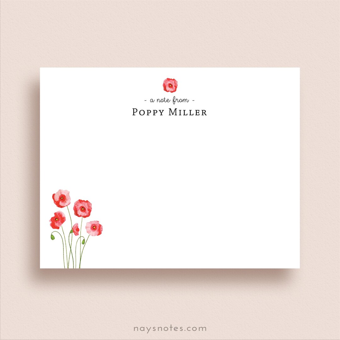 Poppy Note Cards - Flat Note Card Set - Personalized Floral Stationery ...