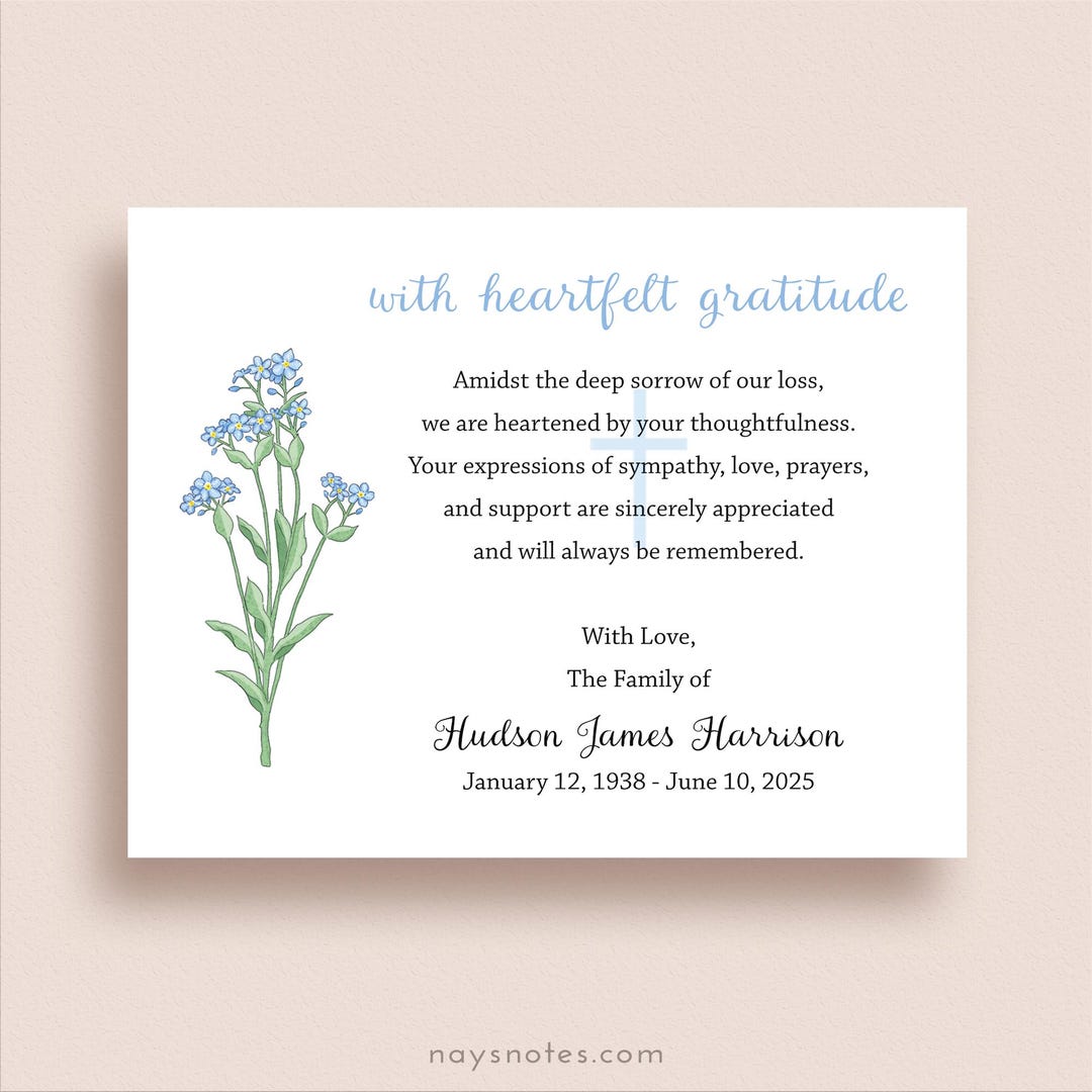Forget Me Not Funeral Thank You Notes - Flat Note Card Set - Etsy