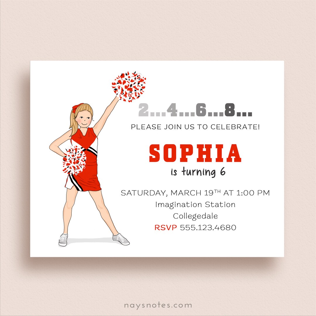 Cheerleader Invitations Cheerleading Birthday Party Customizable Colors ...
