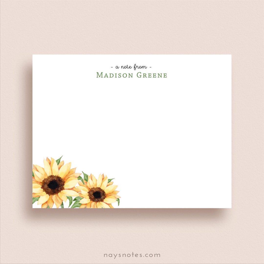 Sunflower Note Cards - Flat Note Card Set - Personalized Sunflower ...