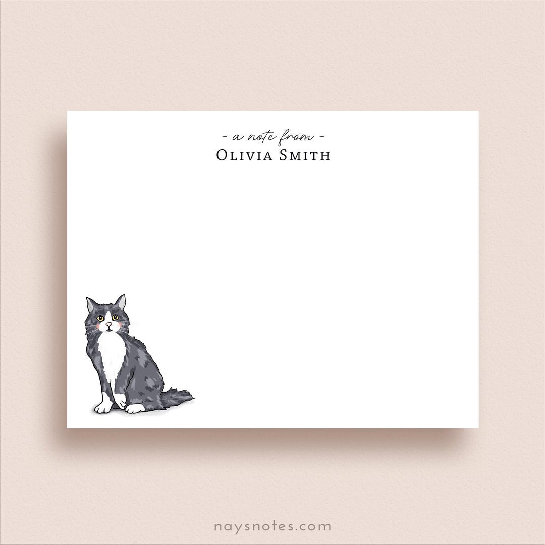 Gray Cat Note Cards - Flat Note Card Set - Personalized Cat Stationery ...