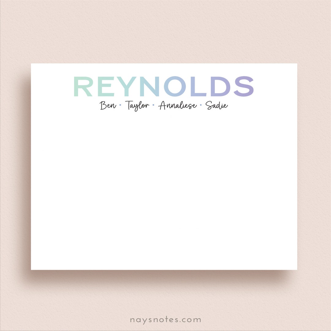Personalized Family Note Cards Family Stationery Flat Note Card Set ...