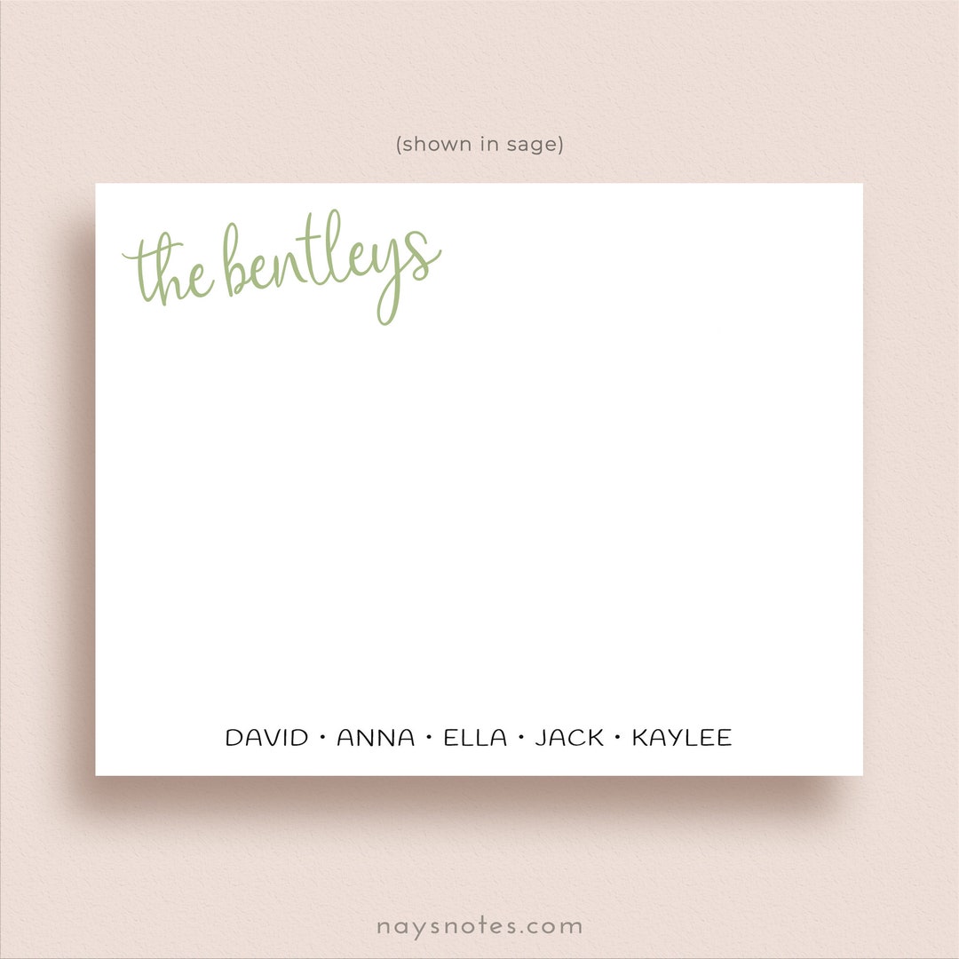 Personalized Family Note Cards - Family Stationery - Flat Note Card Set ...