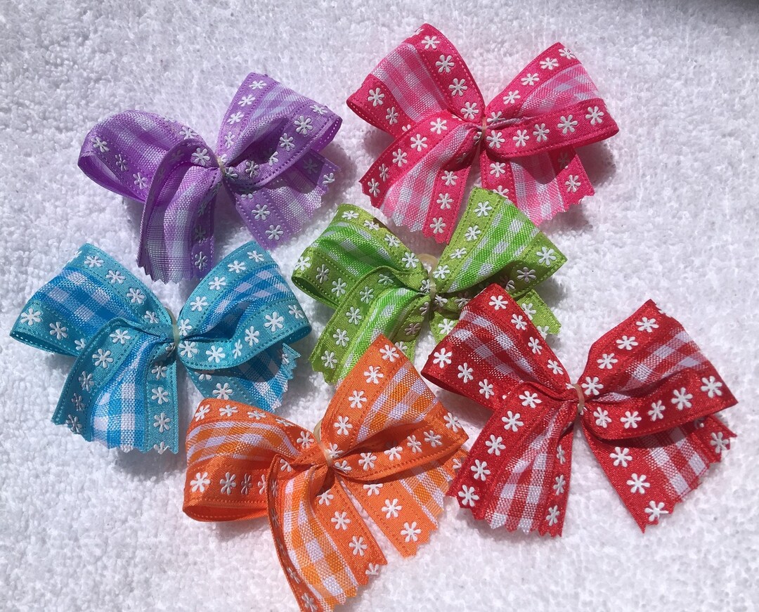 24 LARGE Dog Bows Dog Collar Bows Gingham Print With Flowers Dog ...