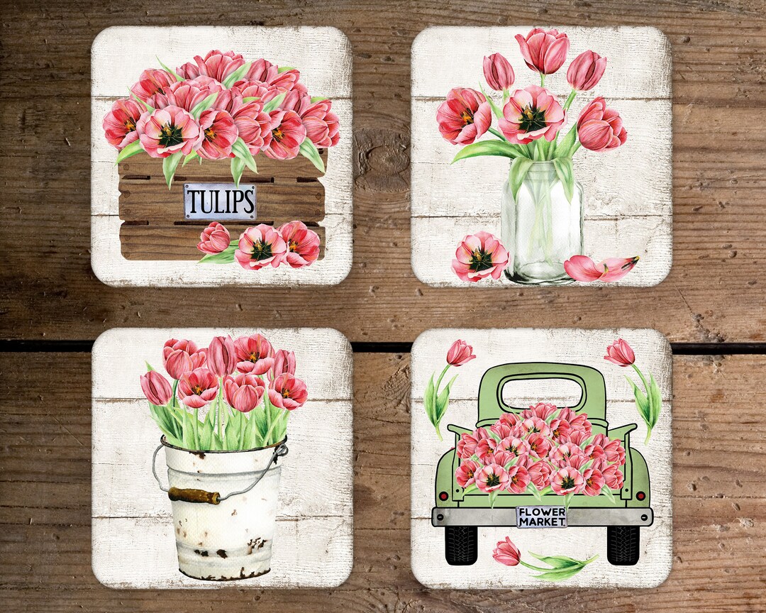 Farmhouse Tulips Coasters, Wooden Coasters, Farmhouse Floral Coasters ...