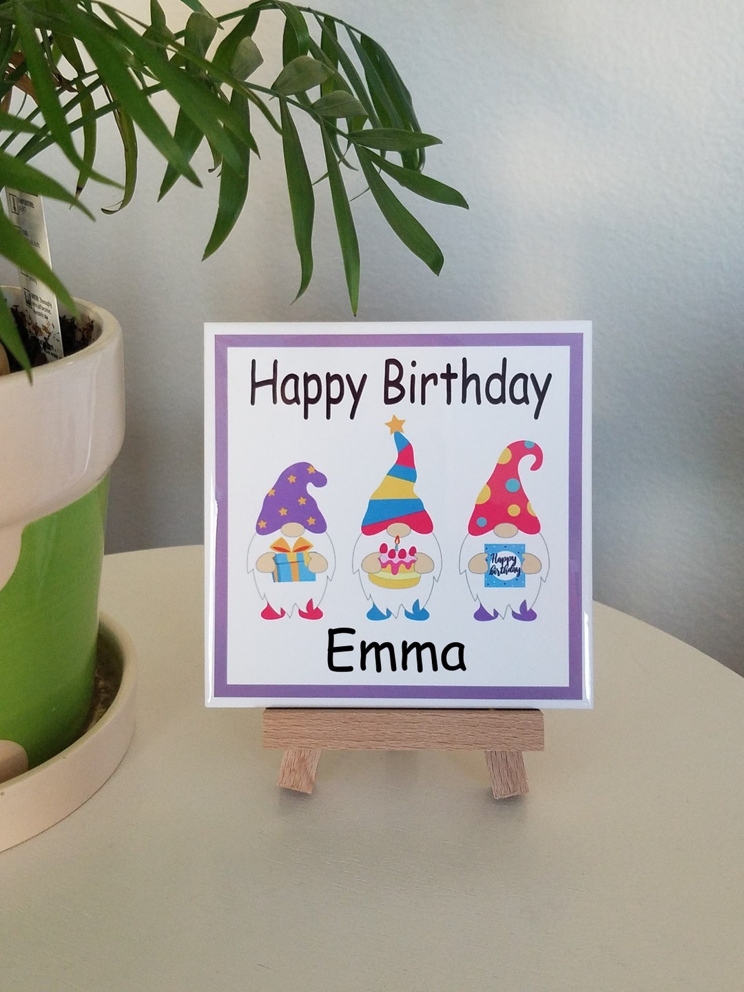 Happy Birthday Gnome Sign, Personalized Ceramic Tile Sign With Easel ...
