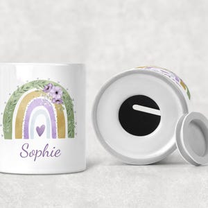 Personalized Ceramic Coin Bank, Piggy Bank, Purple Floral Rainbow, Gift ...