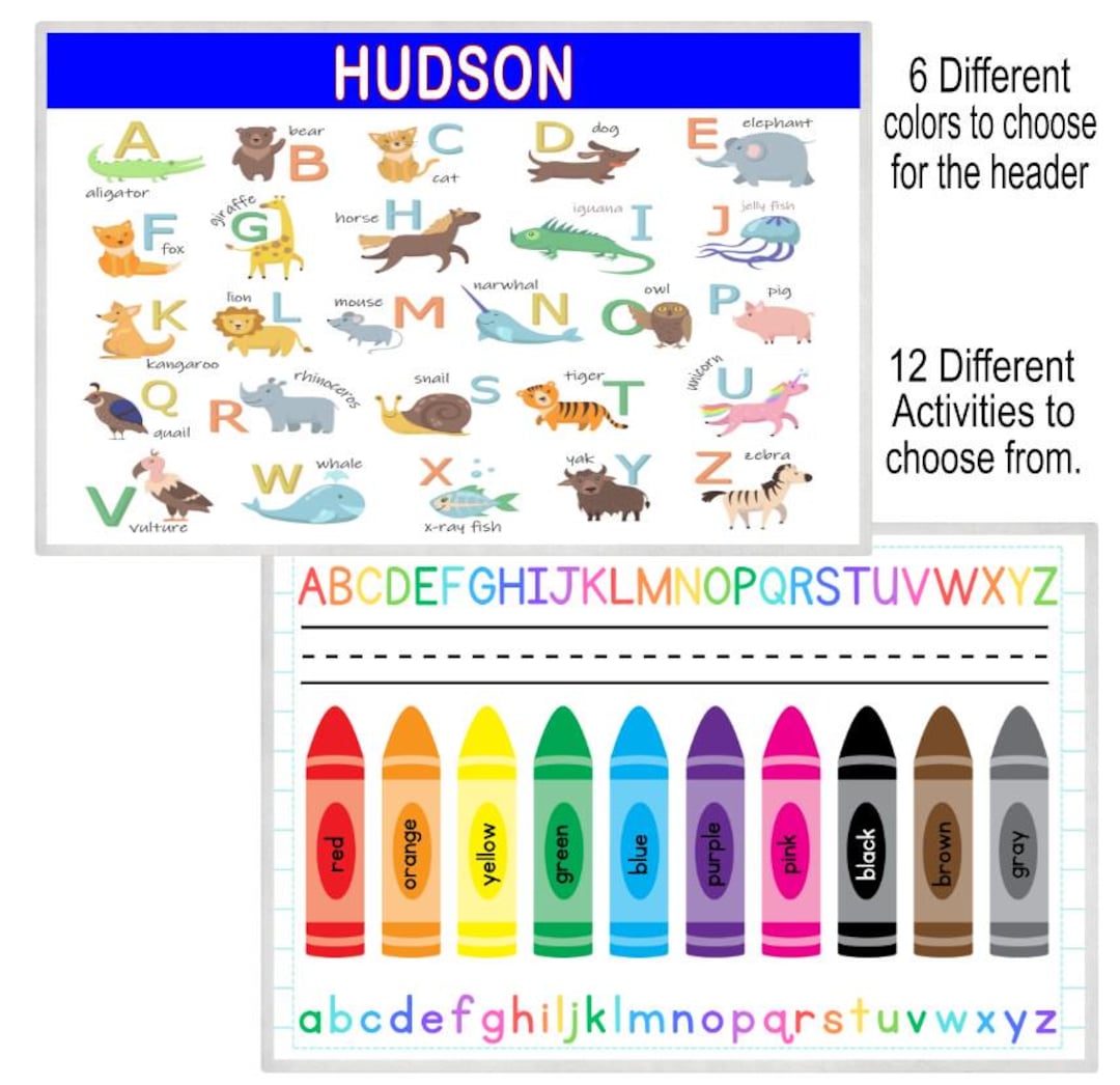 Animal Alphabet Placemat for Kids, Kids Activity Placemat, Personalized ...