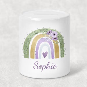 Personalized Ceramic Coin Bank, Piggy Bank, Purple Floral Rainbow, Gift ...
