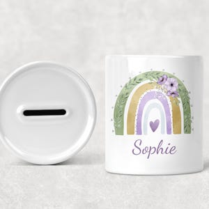 Personalized Ceramic Coin Bank, Piggy Bank, Purple Floral Rainbow, Gift ...