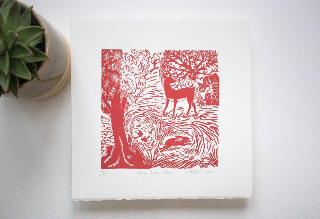 Original Hand Printed Linocut Away to the Woods red - Etsy UK