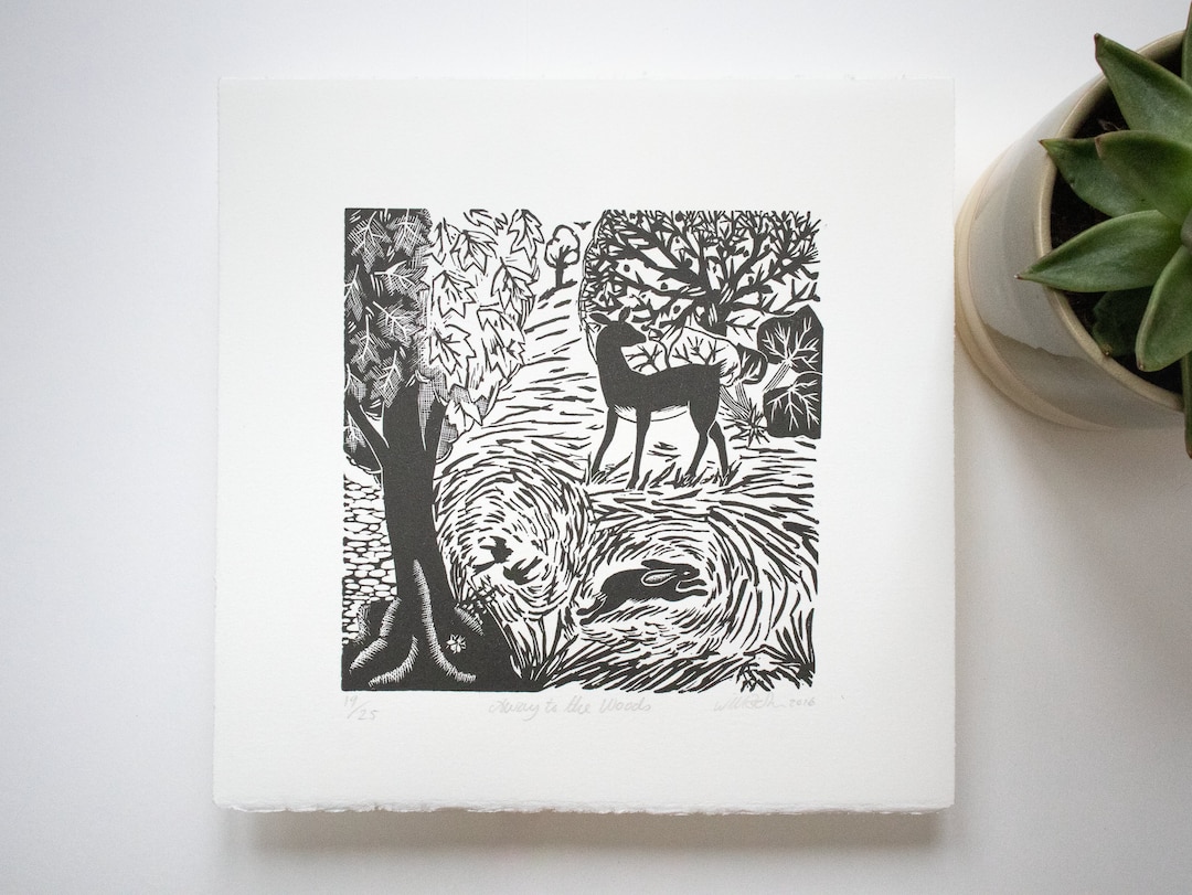 Linocut original impreso a mano Away to the Woods Edición negra - Etsy ...