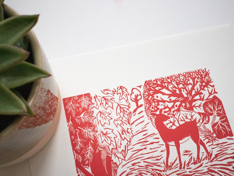 Original Hand Printed Linocut Away to the Woods red - Etsy UK