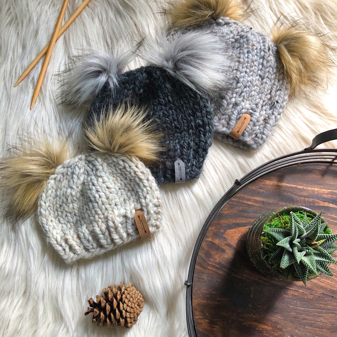 Chunky Knit Beanie With Faux Fur Pom Poms: Snug Fit Wool Hat - Etsy