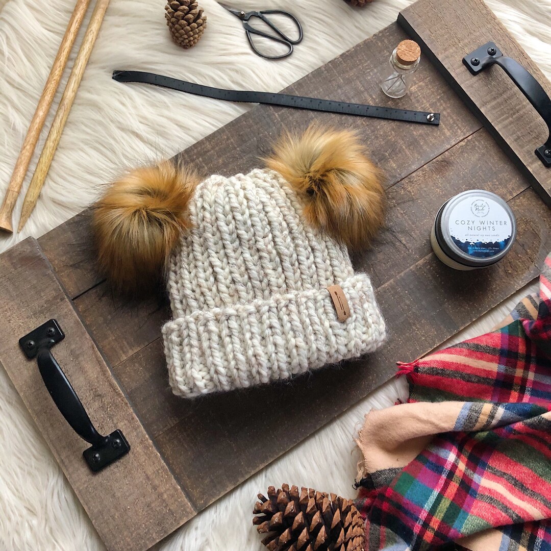 Double Pom Fold Over Crew Beanie X Chunky Hand Knit Hat + Handmade Faux ...