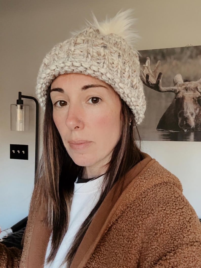 Hand Knit Slouch Beanie: Slouchy Wool Toque With Vegan Fur Pom - Etsy